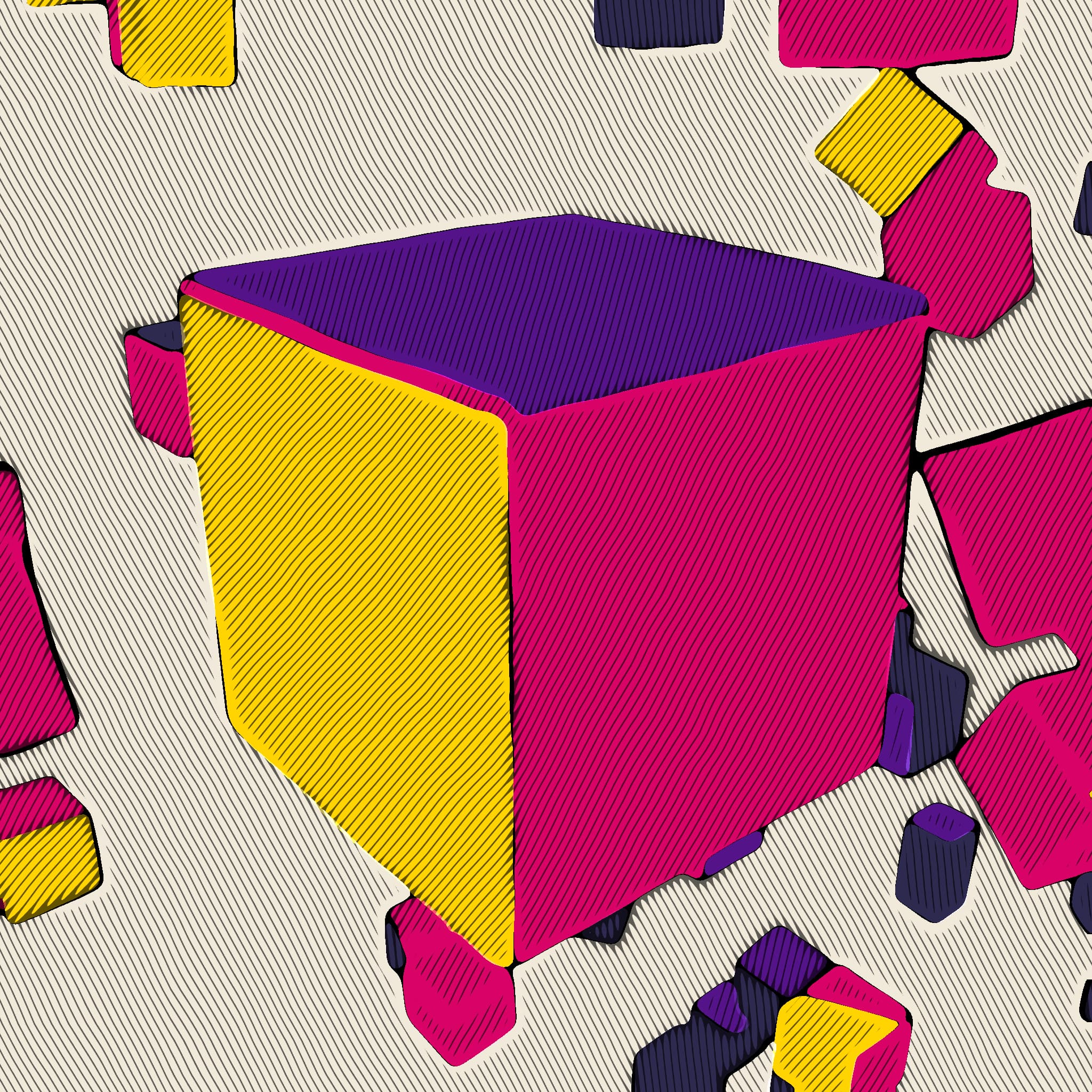 Genuary 2022 - Day 27 - #2E294E #541388 #F1E9DA #FFD400 #D90368